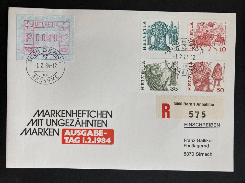 Schweiz 1984 R-FDC MH Volksbräuche Satz oben geschnitten (Gebraucht) in Liestal für CHF 3 – mit ...