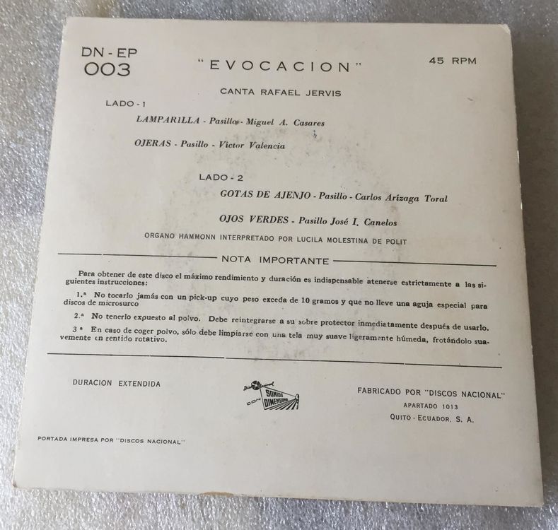 RAFAEL JERVIS Evocación - Very Rare Ecuador EP Vinyl Record (Gebraucht ...