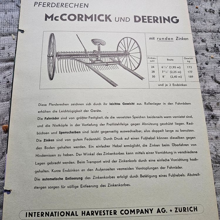 IHC McCormick und Deering Pferderechen Prospekt Blatt xa (Gebraucht) in ...