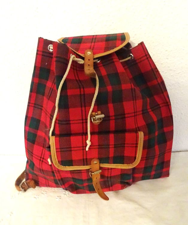 Schöner Kinder Rucksack, Retro, rot kariert,Lederapplikation (Gebraucht ...