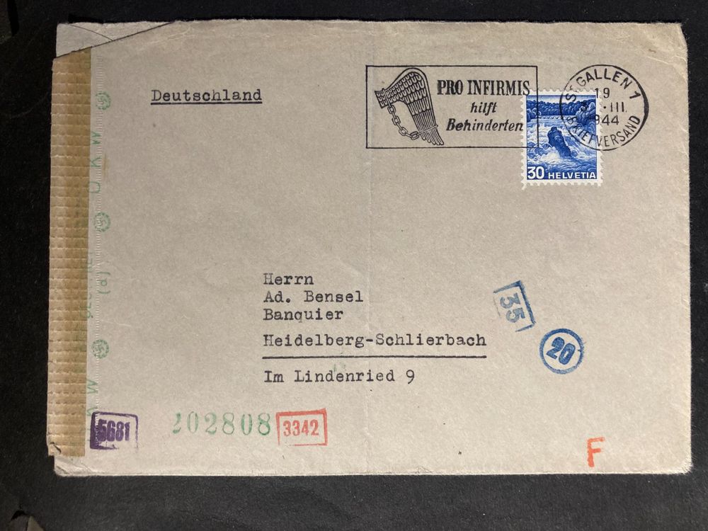 Schweiz 1944 Zensur St.Gallen nach Heidelberg Pro Infirmis (Gebraucht) in Liestal für CHF 5 ...