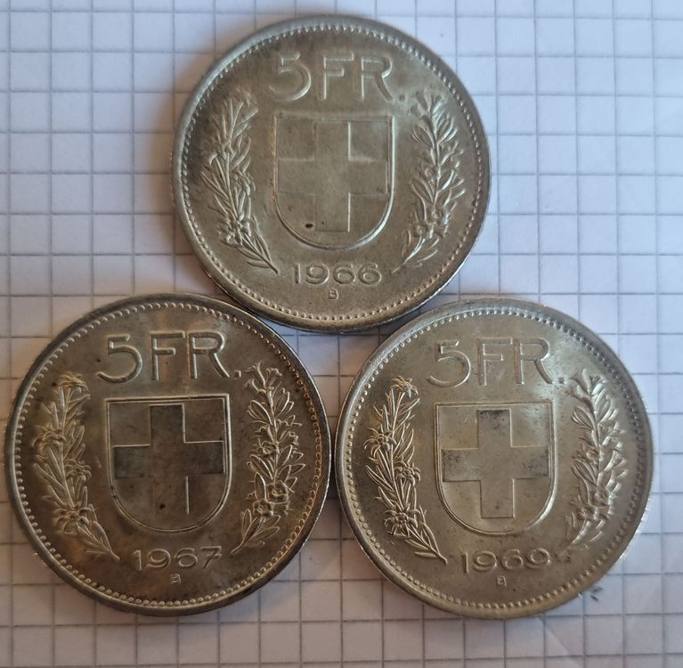 3x 5 Franken Silbermünzen 1966, 1967, 1969 (Gebraucht) in Zürich für CHF 32 – mit Lieferung auf ...