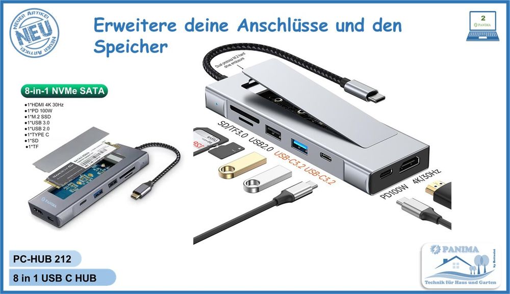 8-in-1-USB-C-HUB (Dockingstation) Typ PC-HUB-212 (Neu und ...