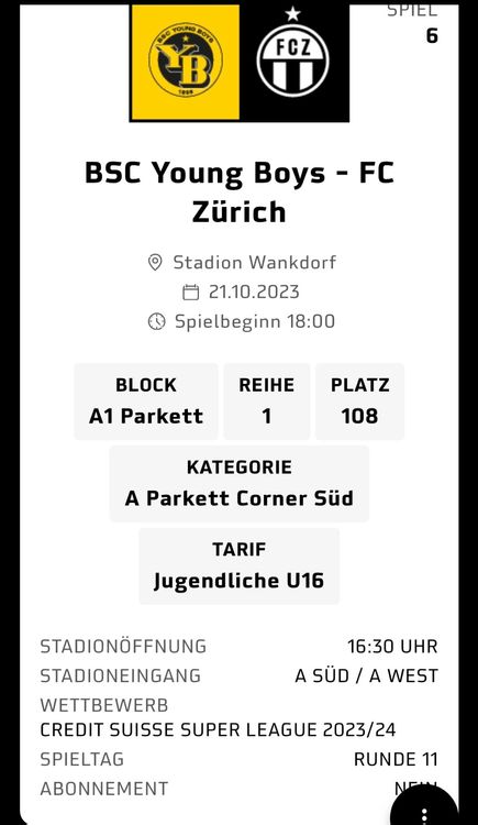 YB vs FCZ U16 Ticket | Kaufen auf Ricardo