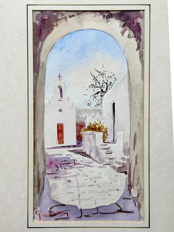 Superbe aquarelle sur carton paysage Santorin Grèce signée | Kaufen auf Ricardo