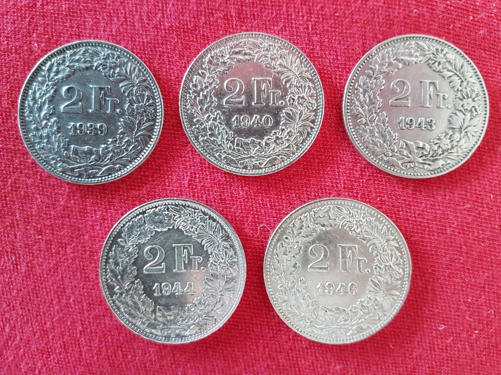 5 x 2 Fr Silbermünzen 1939-1940-1943-1944-1946 ab nur1 Fr !! (Gebraucht) in Camignolo für CHF 30 ...