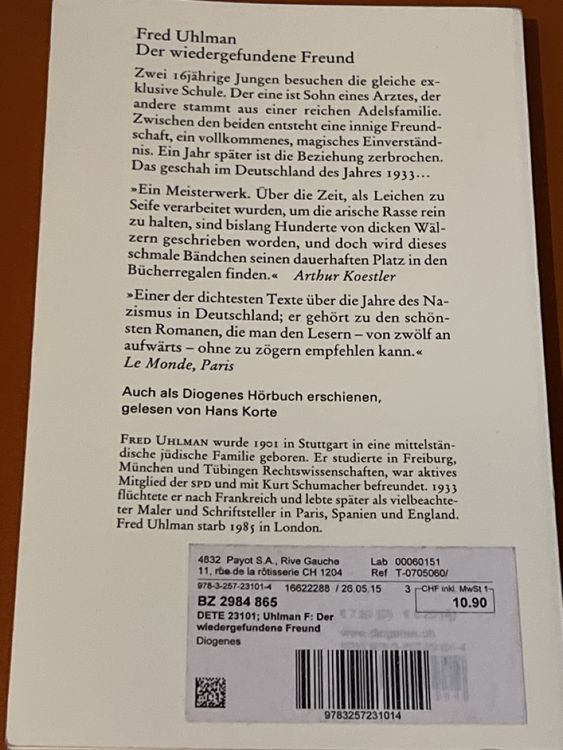 Fred Uhlman "L'ami retrouvé" Edition Diogenes bon état! (Défectueux) à ...