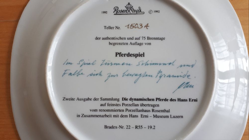 Rosenthal Porzellan, Sammelteller von Hans Erni, Pferdespiel (Gebraucht) in Zürich für CHF 18 ...