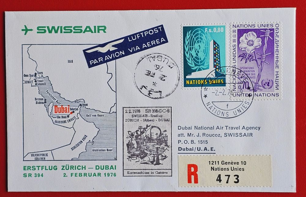 UNO GENF FLUGPOST SWISSAIR ERSTFLUG ZÜRICH DUBAI VAE 1976 (Neu (gemäss Beschreibung)) in ...