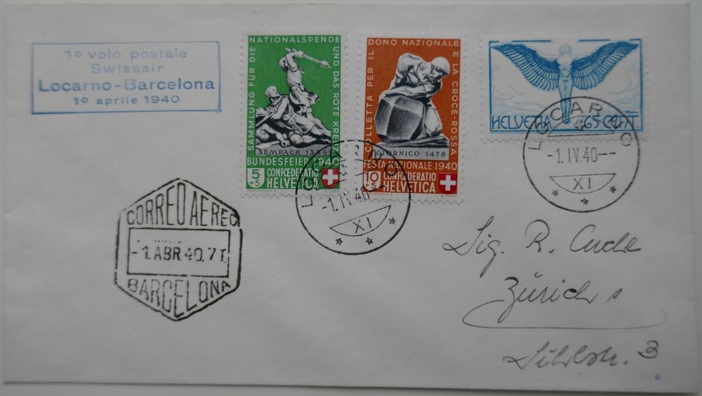 1940 Flugpost Locarno-Barcelona 1940 mit Abart Rasterfehler (Gebraucht) in Möhlin für CHF 9 ...