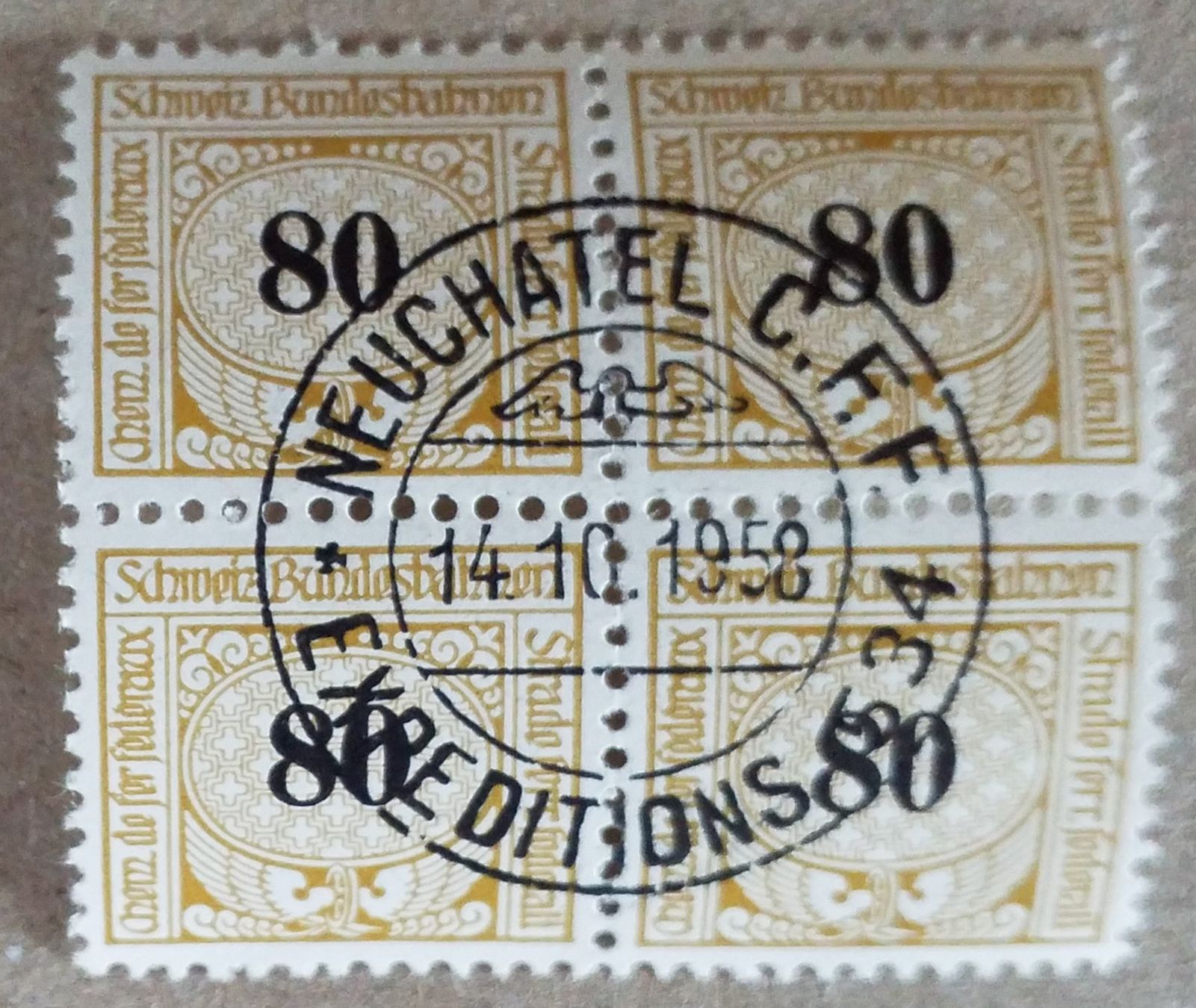 MA124) 80Rp Eisenbahnmarken 4-Block Zentrumstempel Neuchatel (Neu ...