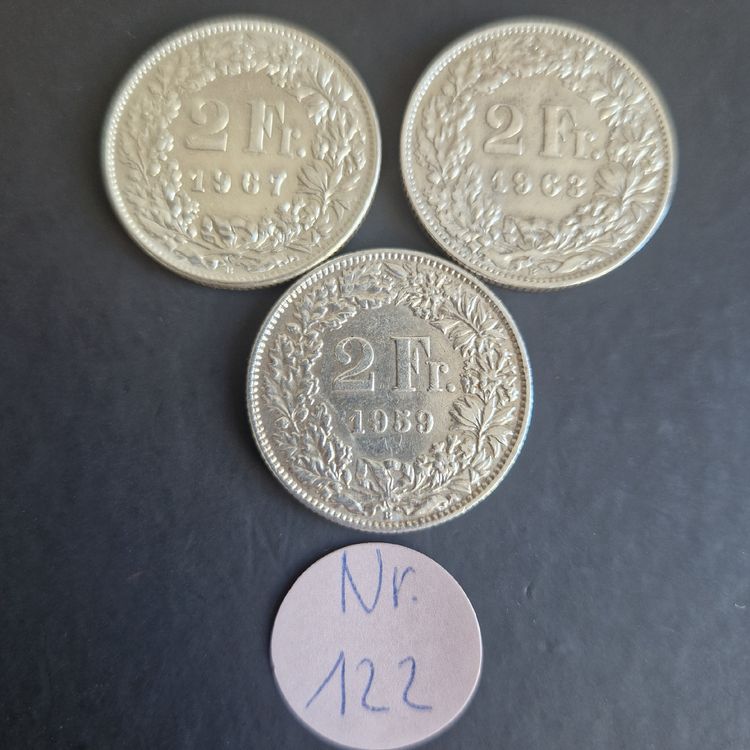 3x Silbermünzen 2 Franken Helvetia 1959/63/67 Schweiz Swiss (Gebraucht) in Stans für CHF 18 ...
