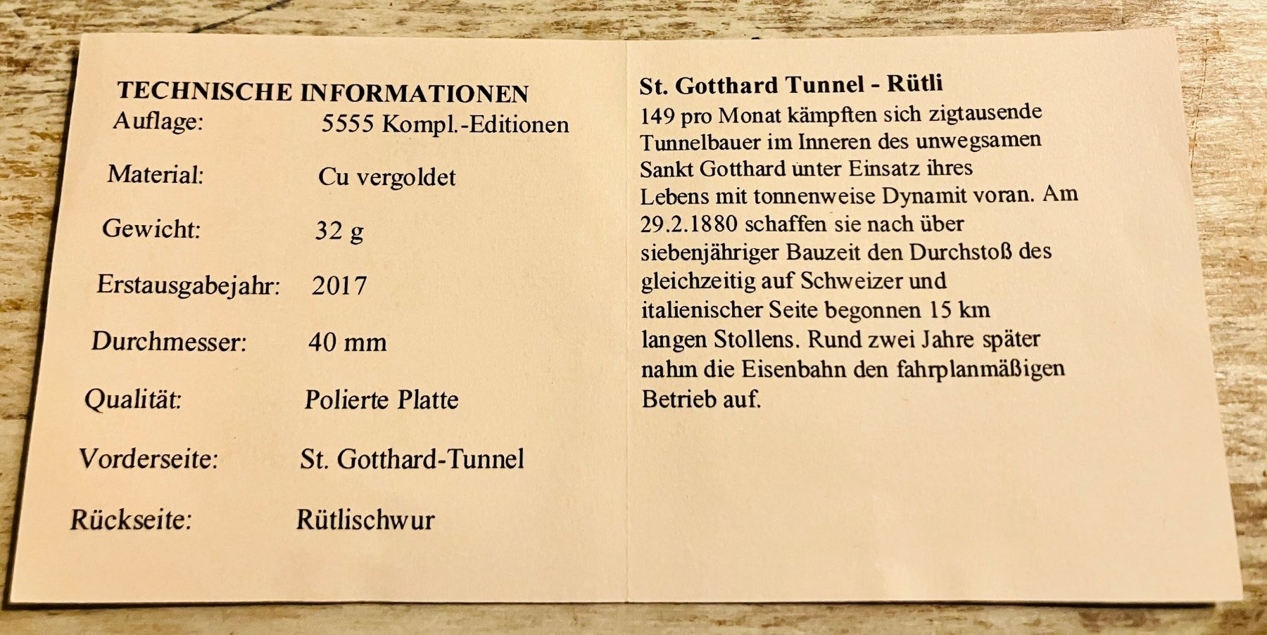 St. Gotthard- Tunnel vergoldete Medaille 🇨🇭2017 Top! (Neu (gemäss ...