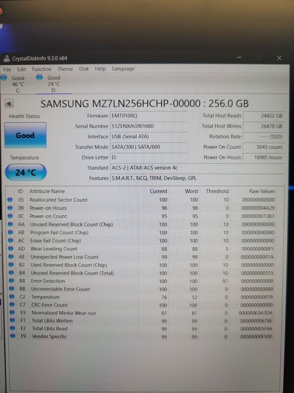 Samsung SSD 256GB 2.5 Zoll SATA (Gebraucht) in Unterengstringen für CHF ...