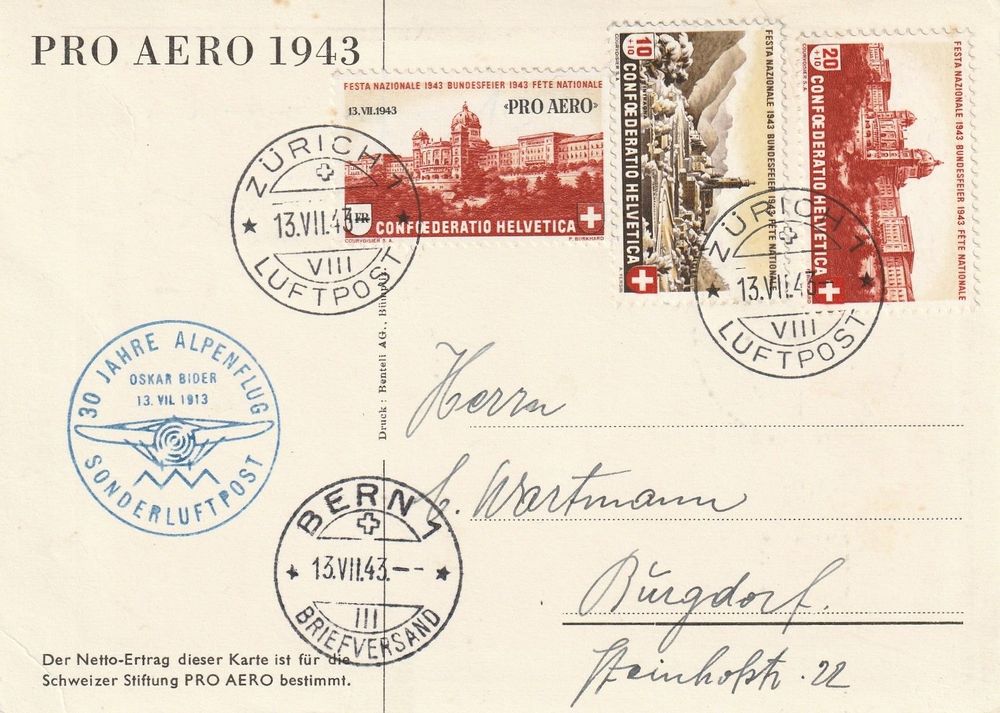 Pro Aero 1943, offiz. Karte Zürich-Bern mit PP-Satz 1943 (Gebraucht) in Turgi für CHF 5 – mit ...