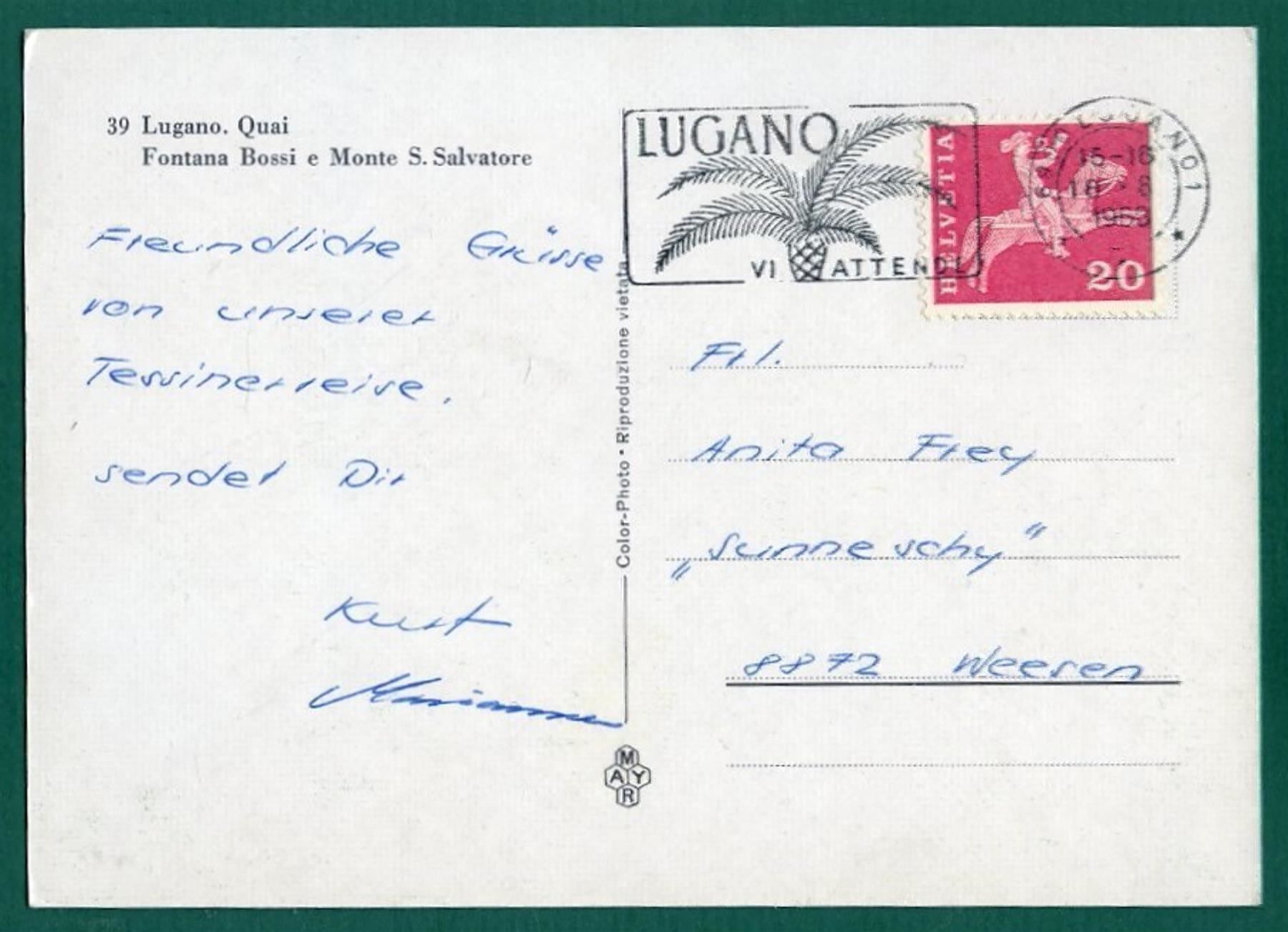 Lugano, Quai, Fontana Bossi e Monte S. Salvatore, 1953 (Gebraucht) in Sargans für CHF 1 – mit ...