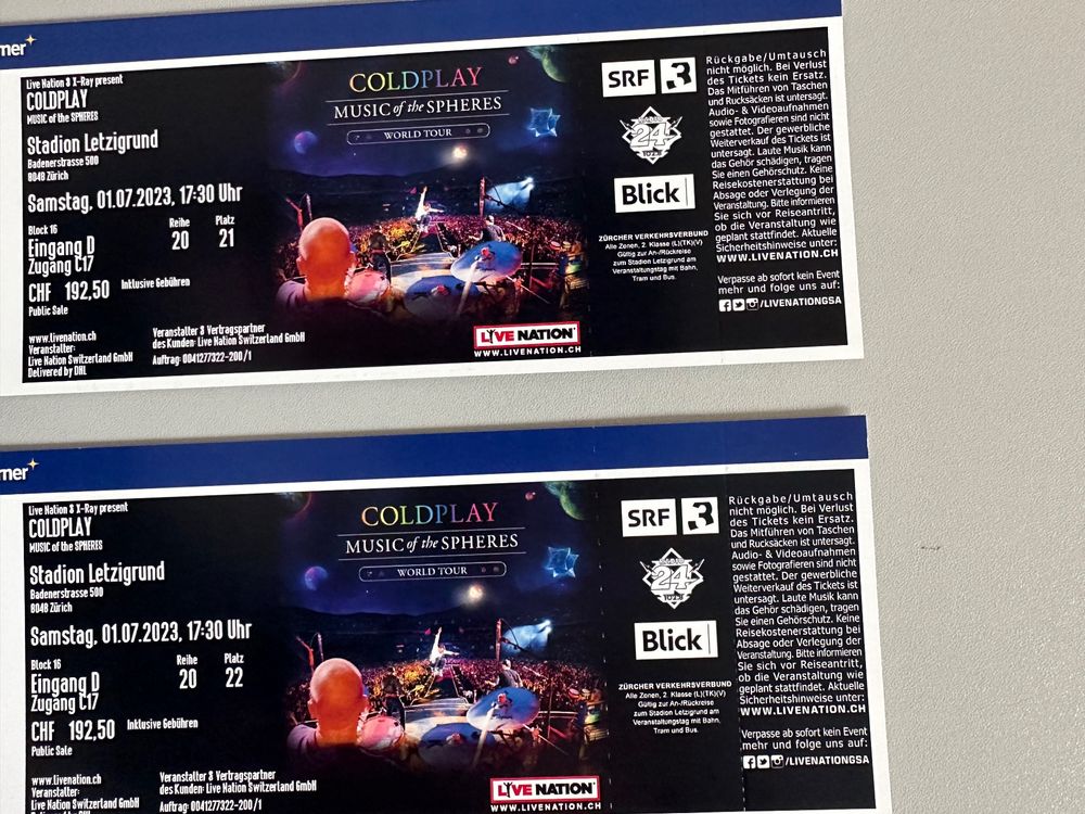 Coldplay / 2 Sitzplätze am 01.07.2023 | Kaufen auf Ricardo