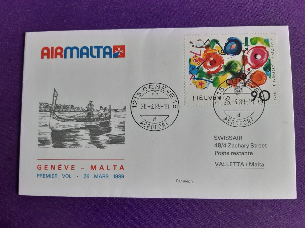 Erstflugbrief Genf - MALTA vom 26.3.89 (Neu (gemäss Beschreibung)) in Wangs für CHF 1 – mit ...