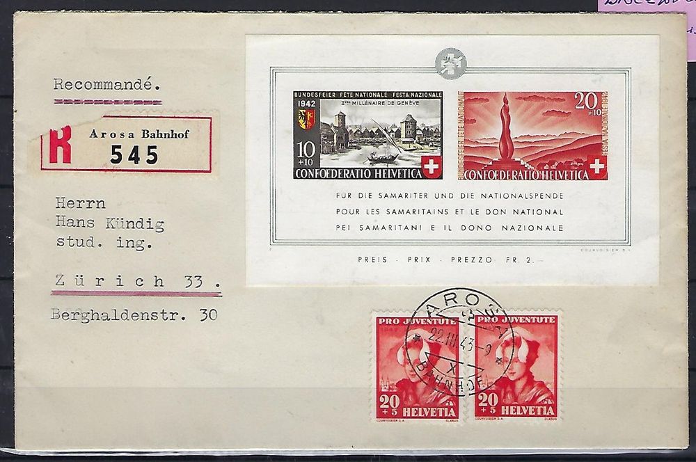 Pro Patria Block 1942 Brief eingeschrieben 14517 (Gebraucht) in Lunden für CHF 20 – mit ...