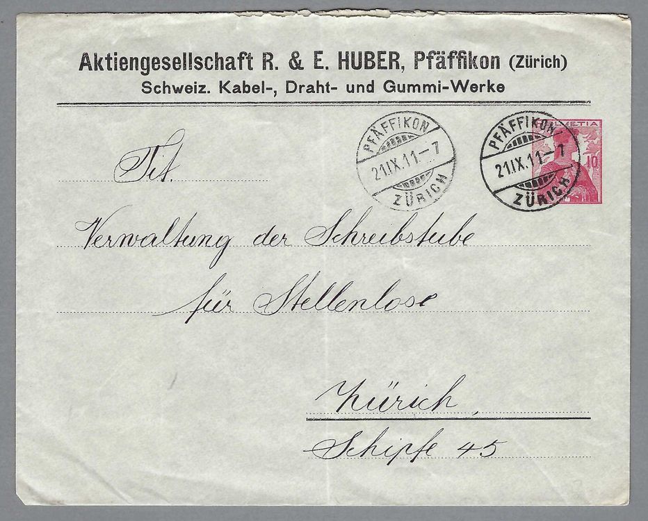 1911, 10 RP. PRIVAT-GS R.&E. HUBER PFÄFFIKON (Gebraucht) in Pura für CHF 3 – mit Lieferung auf ...