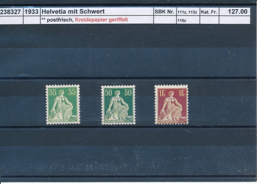 1933 Helvetia mit Schwert, Papier geriffelt, postfrisch | Kaufen auf Ricardo