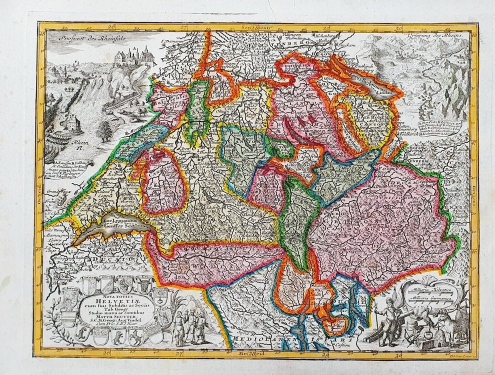 Landkarte Schweiz 1720 koloriert Matthäus Seutter, Augsburg (Gebraucht ...