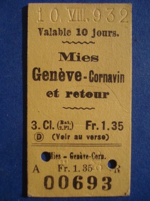 SBB - 10.8.1932 - MIES - GENÈVE-CORNAVIN - 3.Classe (Gebraucht) in Biel/Bienne für CHF 30 – mit ...