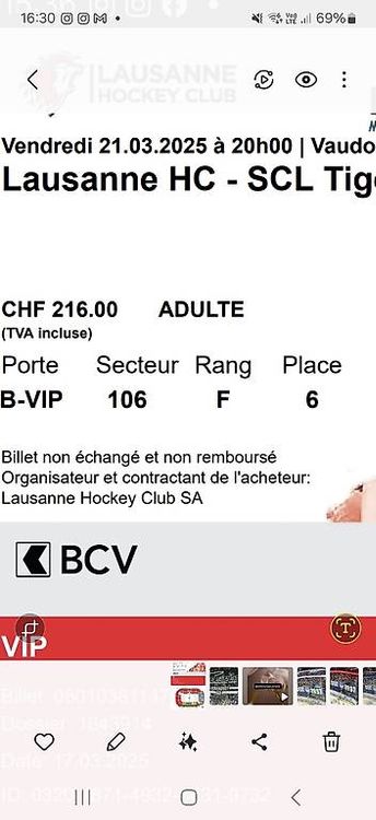 2 billet VIP Lausanne Langnau hockey play off (D'occasion) à marly pour ...