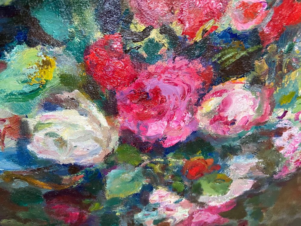 Huile sur toile Claire Weber " Roses sur table verte" | Kaufen auf Ricardo