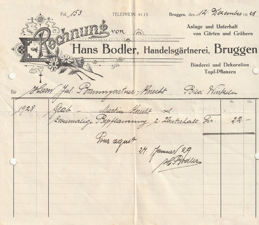 Rechnung St. Gallen-Bruggen 1929 Handelsgärtnerei H. Bodler | Kaufen auf Ricardo