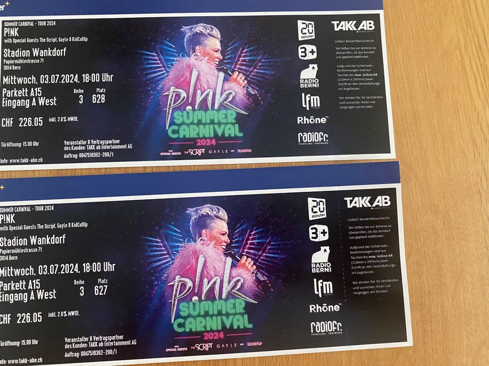 Pink Konzert 3.7.2024 Stadion Wankdorf 2 Sitzplatztickets (Neu und ...
