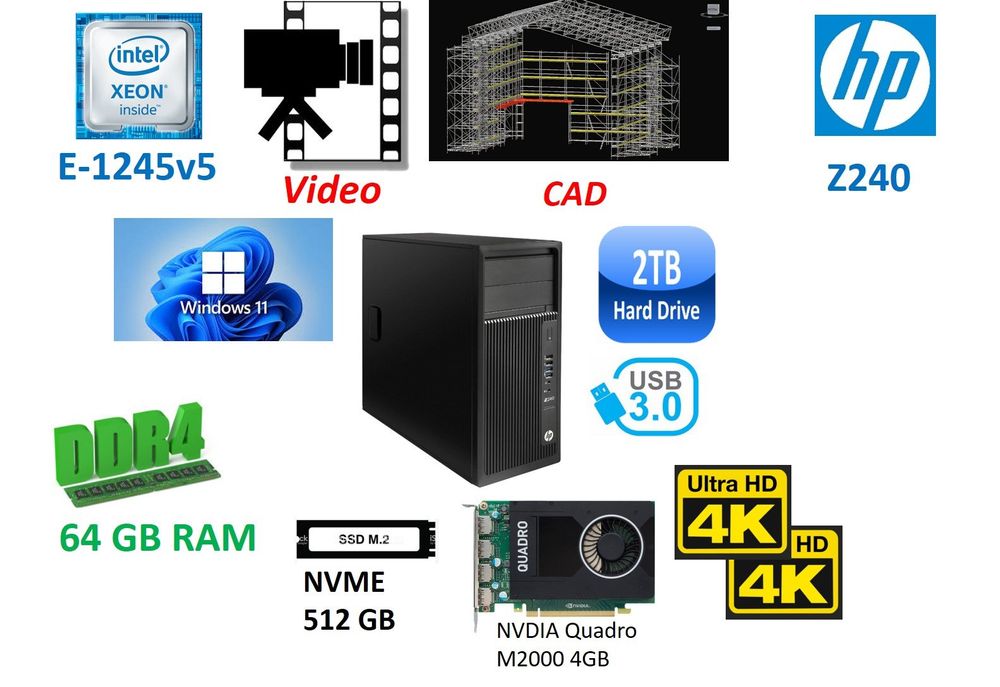 PC HP CAD Video Workstation Z240 64GB 512GB NVME SSD Win11 (Gebraucht ...