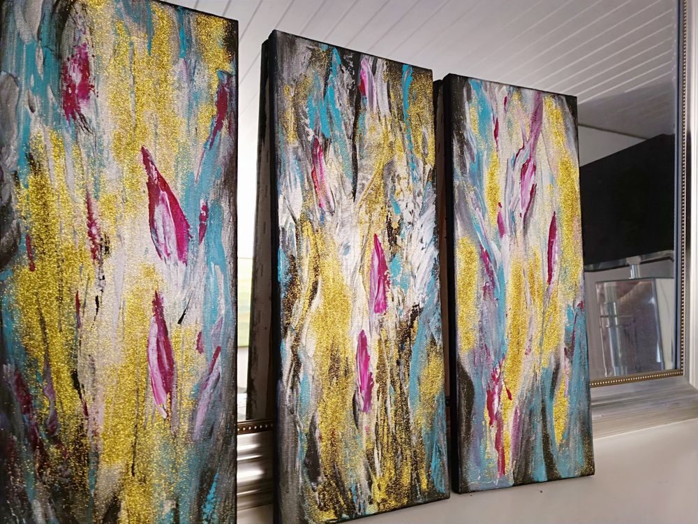 Triptych mit Goldenen Glitzer Acrylbild auf Leinwand 50x20cm (Neu und originalverpackt) in ...