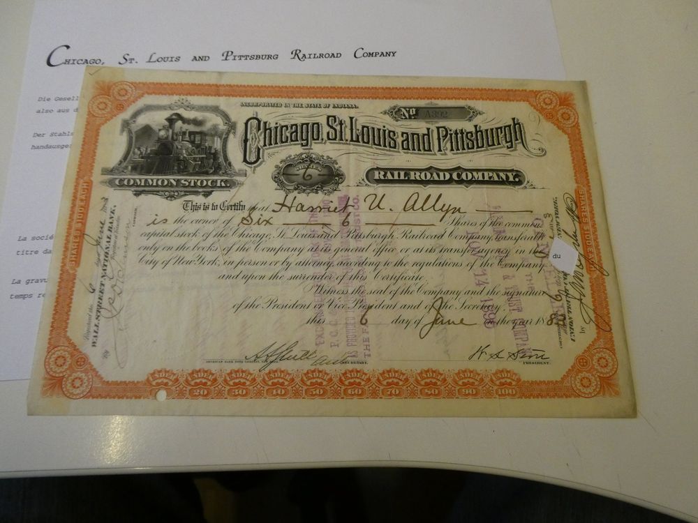 USA, Eisenbahnaktie 1883 Chicago, St. Louis an Pittsburgh (Gebraucht ...