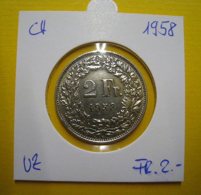 Schweiz - 2 Franken 1958, 0835er Silber, vorz (Gebraucht) in Alpnach-Dorf für CHF 9 – mit ...