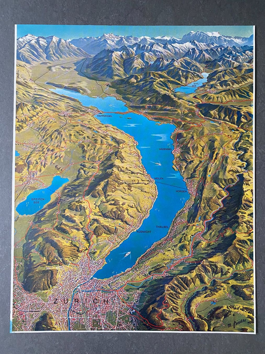 Original Vintage Poster - Panorama Plan: Zürich - Zürichsee (D'occasion ...
