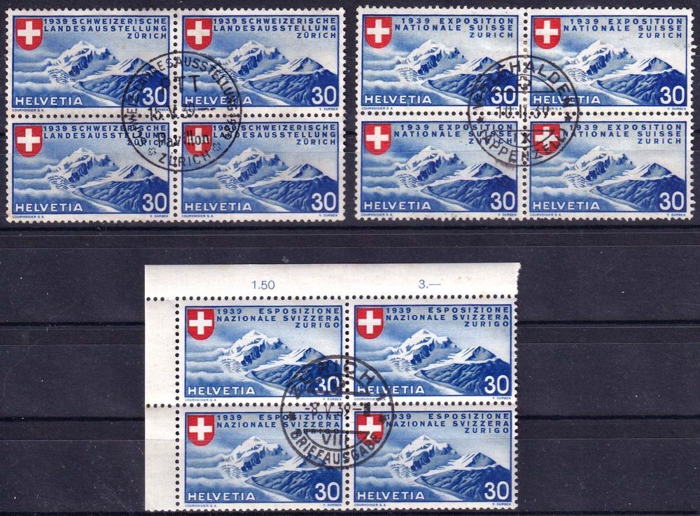 1939, Landi Nr. 221,224,227 Viererblocks (d,f,i) gestempelt. (Gebraucht) in Aesch BL für CHF 50 ...