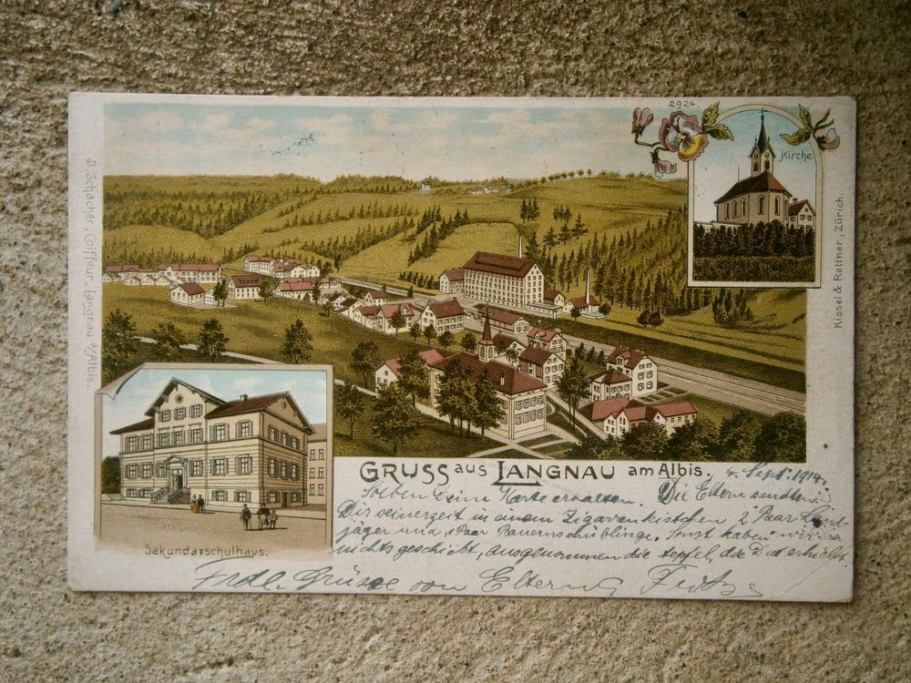 AK Litho Gruss aus Langnau am Albis Sekundarschulhaus 1914 (Gebraucht) in Burgdorf für CHF 9 ...