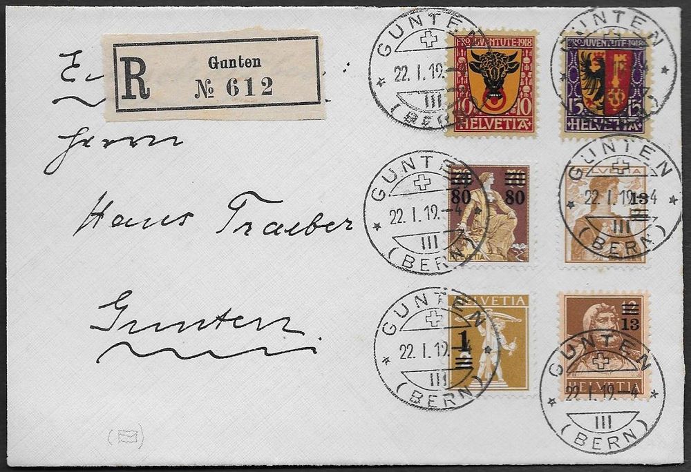 1919 R/Briefvorderteil o GUNTEN MISCH-Frankatur J10-11ab 1.- (Gebraucht) in Zürich für CHF 39 ...