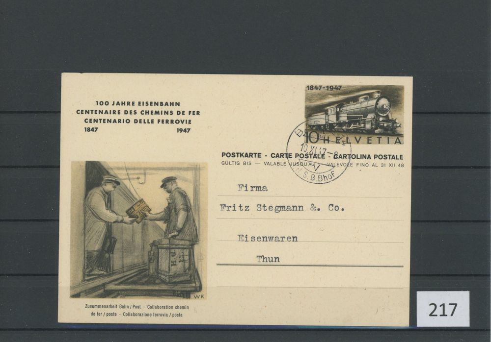 1947 Postkarte 100 Jahre Eisenbahn Lot 217 | Kaufen auf Ricardo