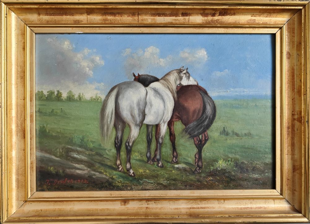 Tableau ancien 1912 signé "Jument et cheval ongre" peinture (Gebraucht) in Tramelan für CHF 200 ...
