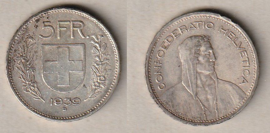 5 Franken 1939 Silber (Gebraucht) in Allschwil für CHF 10 – mit Lieferung auf Ricardo kaufen