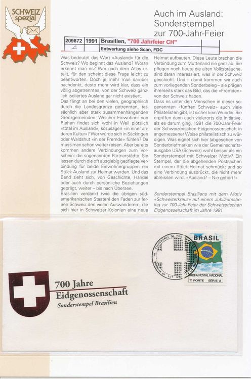 1991 Brasilien, 700 Jahre Schweiz - FDC (Gebraucht) in Winterthur für CHF 2.5 – mit Lieferung ...
