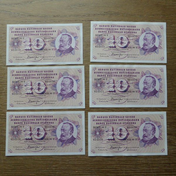 6 Stk. CH - Banknoten à Fr. 10.- Serie 99 T s. Beschreibung (Gebraucht ...