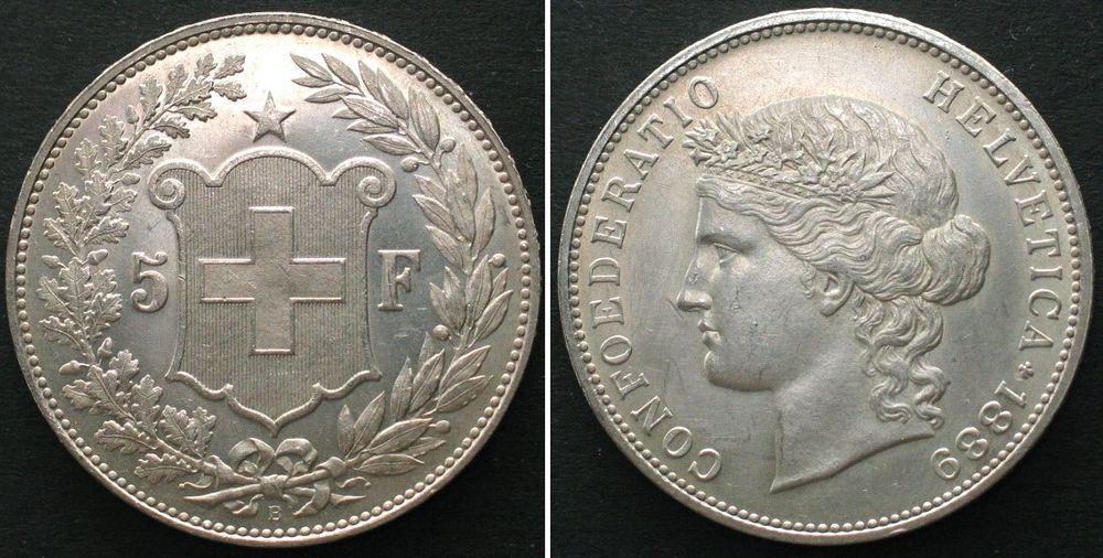 Schweiz 5 Franken 1889 FRAUENKOPF Silber ERSTABSCHLAG, RAR! (Gebraucht) in Riehen für CHF 750 ...