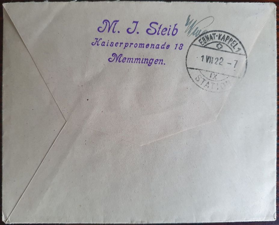 Brief mit 4 Mark Frankatur MEMMINGEN 30.6.22 nach Kappel CH (Gebraucht ...