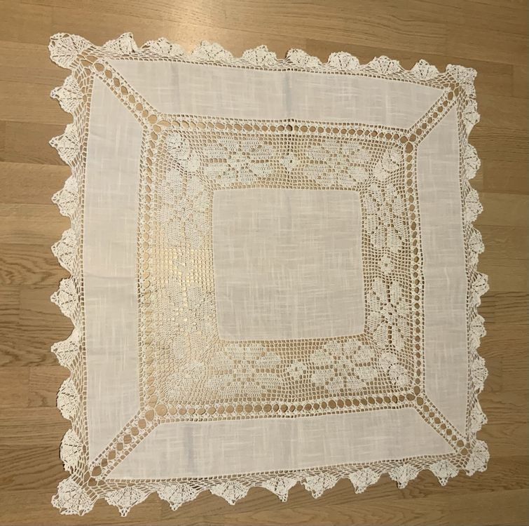 Vintage Handmade Crochet Lace Tablecloth White Linen 90x90cm (Neu ...