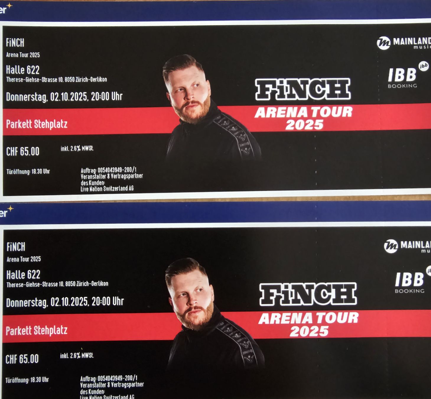 2 Tickets: Finch - Arena Tour 2025, Zuerich, Halle 622 (Neu und ...