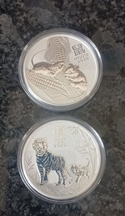 2× 1Unze Oz Silbermünze, Lunar 3 Maus 2020, Lunar Tiger 2022 (Neu und originalverpackt) in ...
