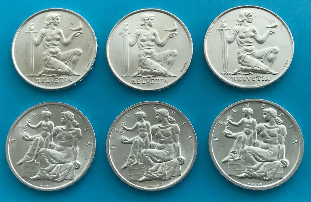6 schöne Schweizer Silber 5 Franken-Gedenkmünzen 1936/1948 (Gebraucht) in Zürich für CHF 68 ...